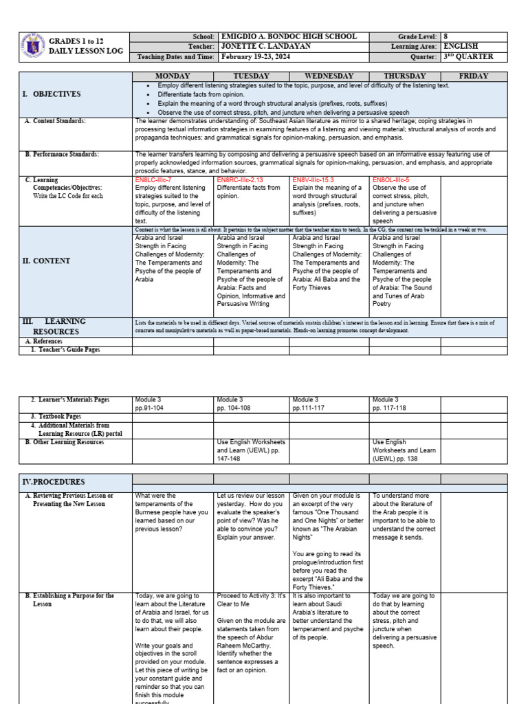 Grade 8 - DLL Week 3 | PDF
