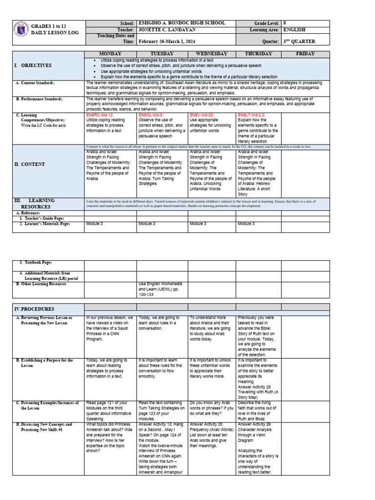 Grade 8 - DLL Week 4 | PDF | Learning | Rhetoric