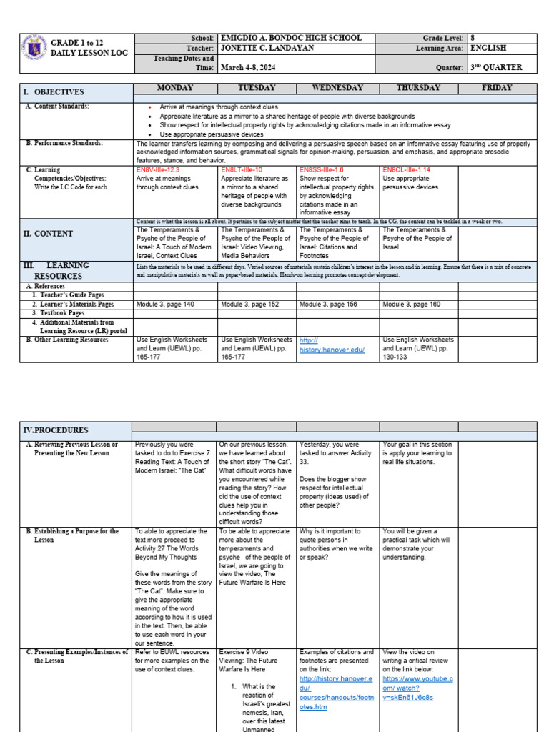 Grade 8 - DLL Week 5 | Download Free PDF | Learning | Teachers