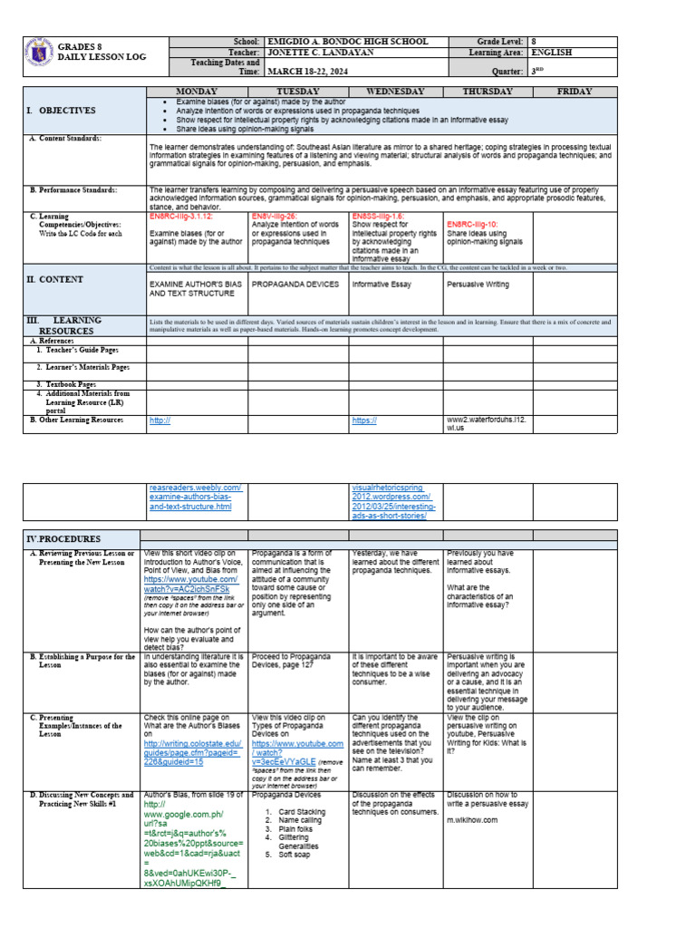 Grade 8 - DLL Week 7 | PDF | Propaganda | Learning