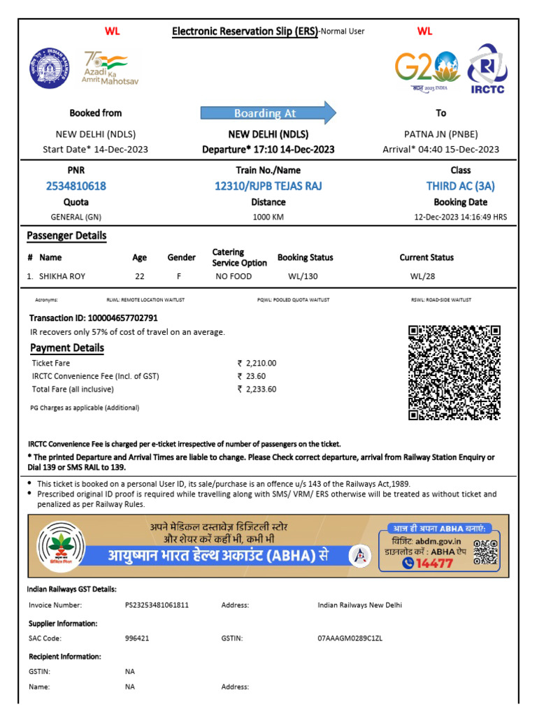 12310/Rjpb Tejas Raj Third Ac (3A) : WL WL | PDF | Identity Document