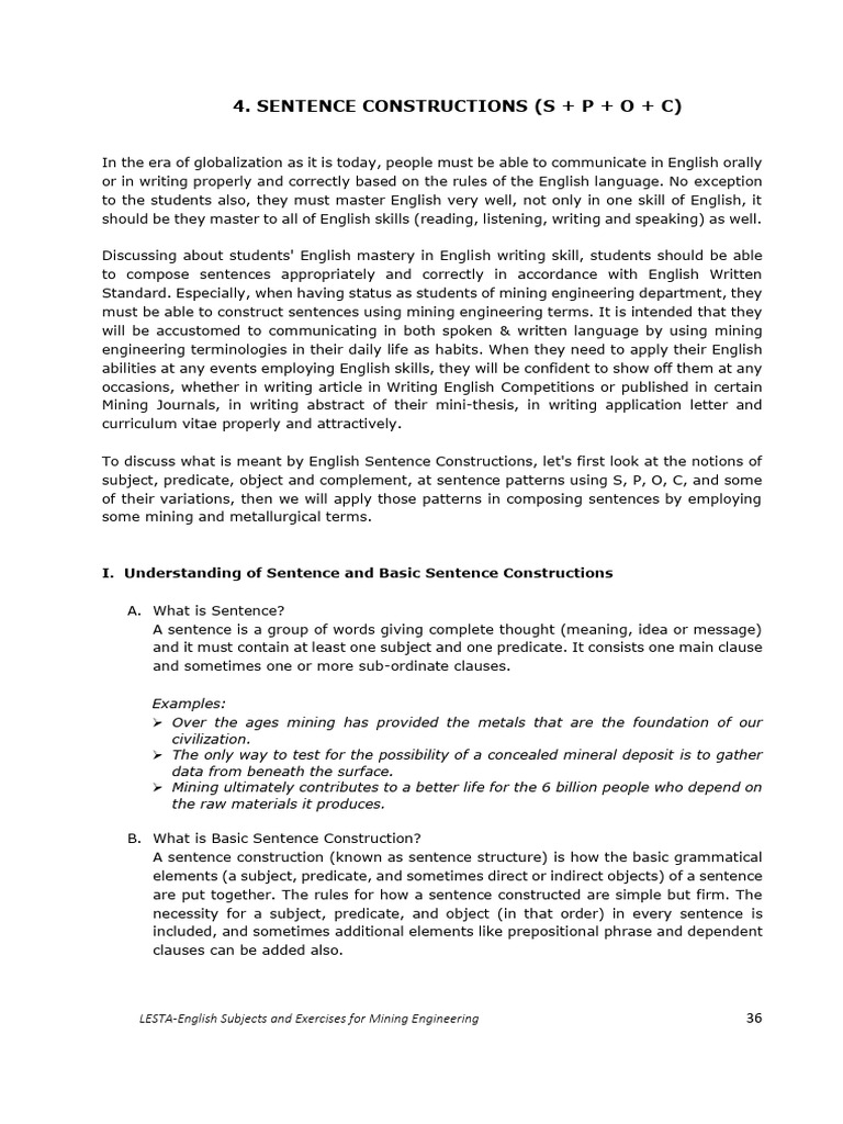 4 Sentence Constructions | PDF | Verb | Subject (Grammar)