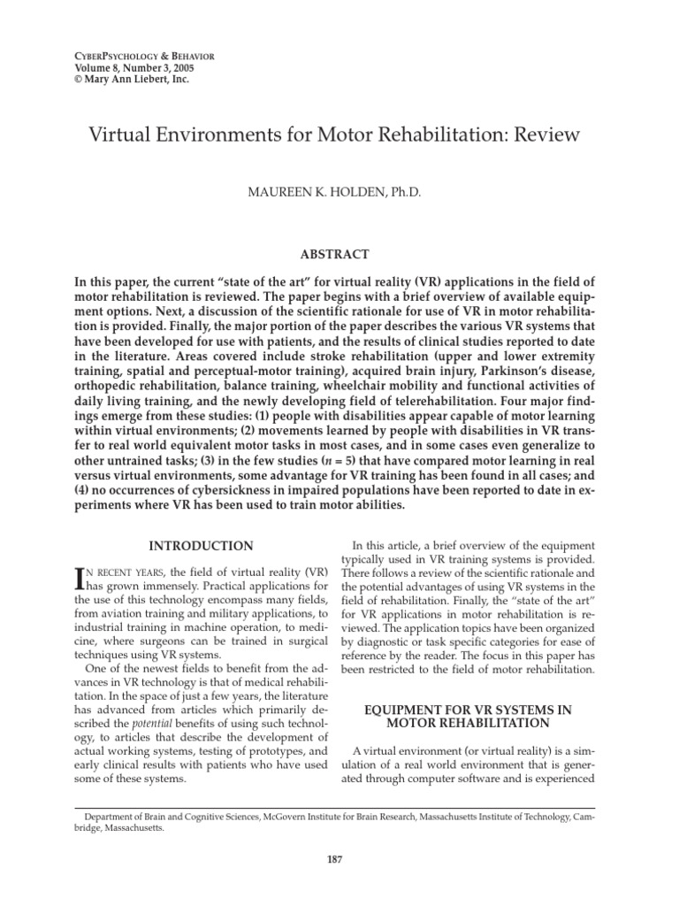 Virtual Environments For Motor Rehabilitation: Review: Maureen K. Holden, PH.D | Download Free ...