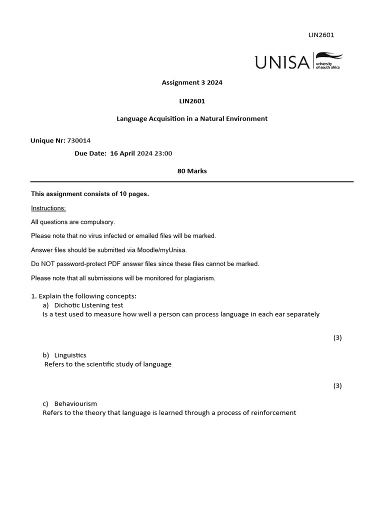 LIN2601 S1 Assignment 3 2024 (1) (AutoRecovered) | PDF | Language Acquisition | Nature Versus ...