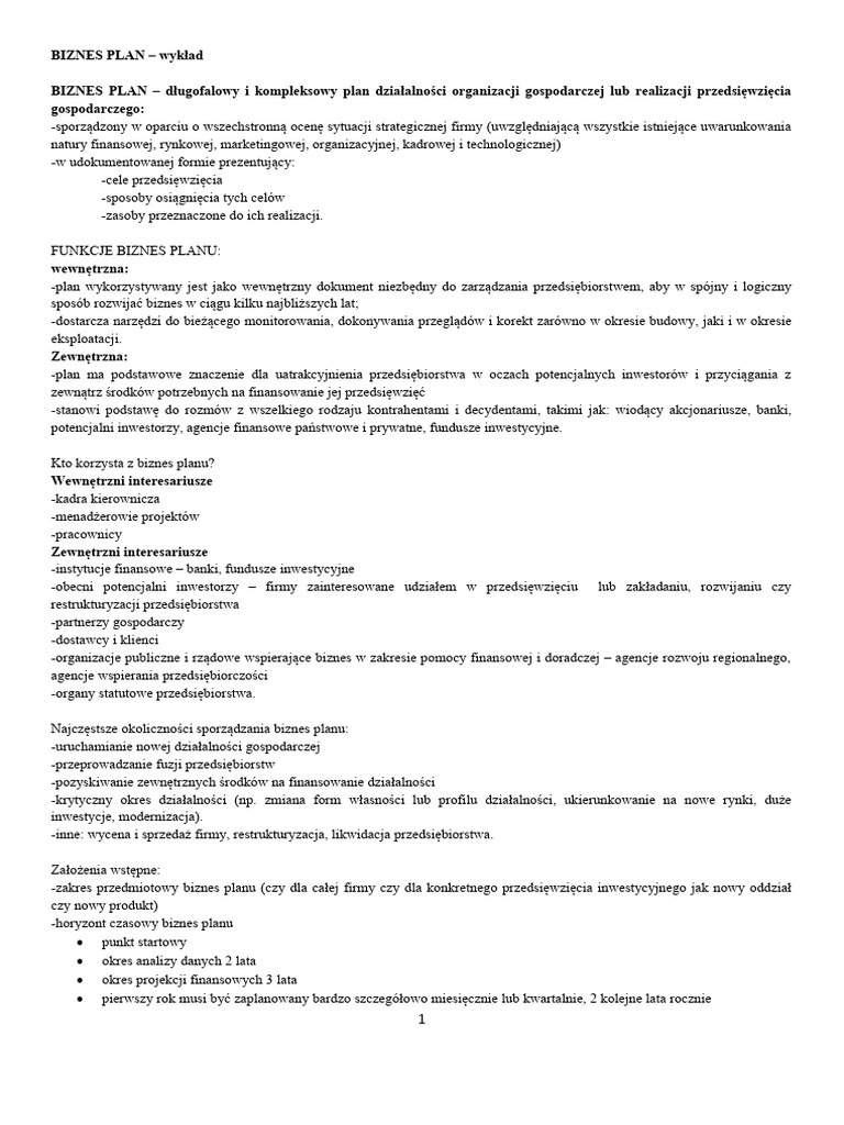 Biznes Plan - Wykład | PDF