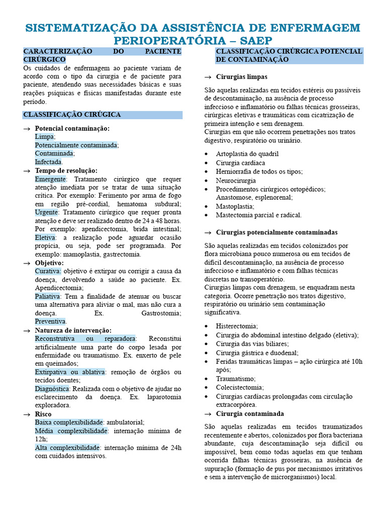 Sistematização Da Assistência de Enfermagem Perioperatória - Saep | PDF ...