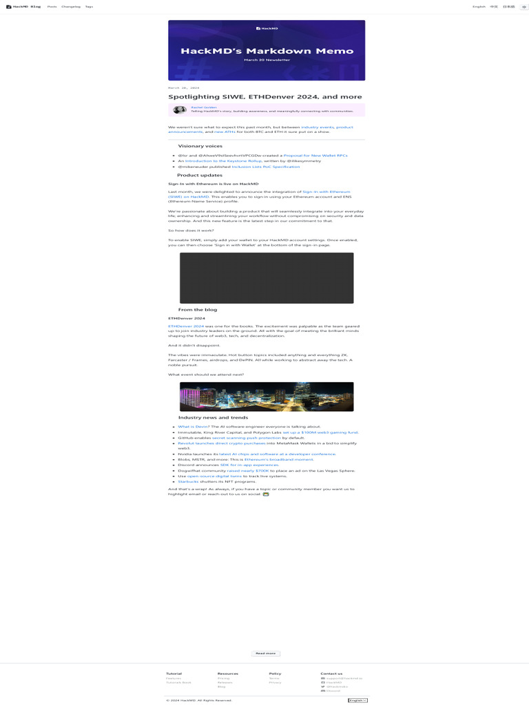 Spotlighting SIWE, ETHDenver 2024, and More - HackMD Blog | PDF