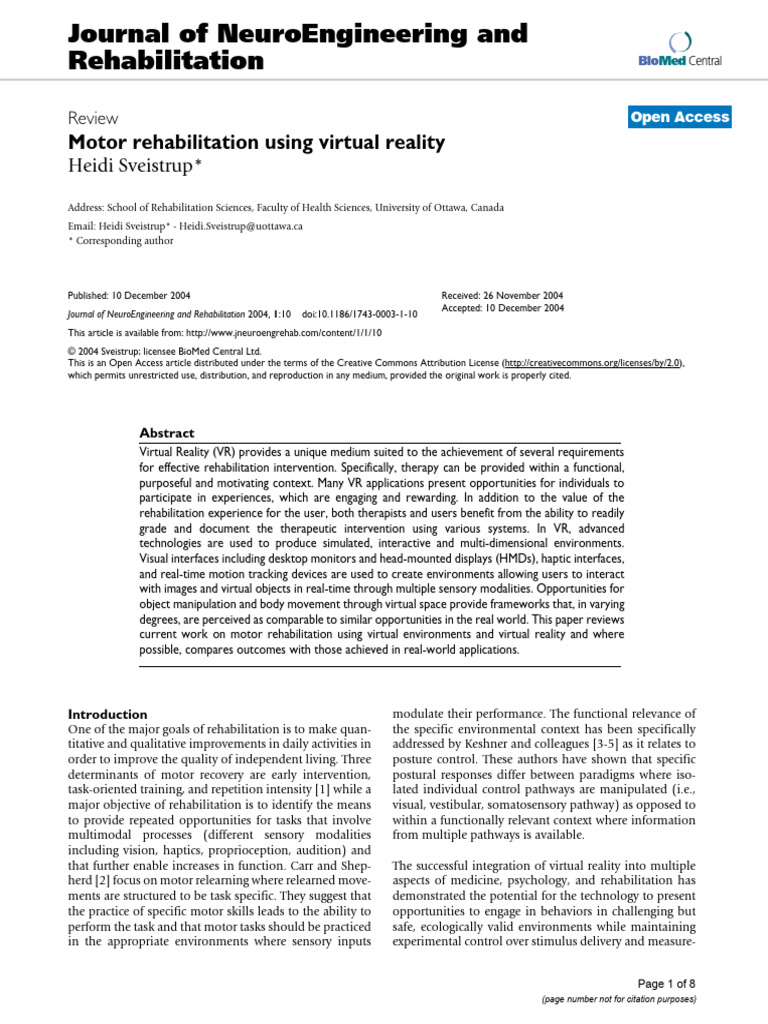 Journal of Neuroengineering and Rehabilitation: Motor Rehabilitation Using Virtual Reality | PDF ...