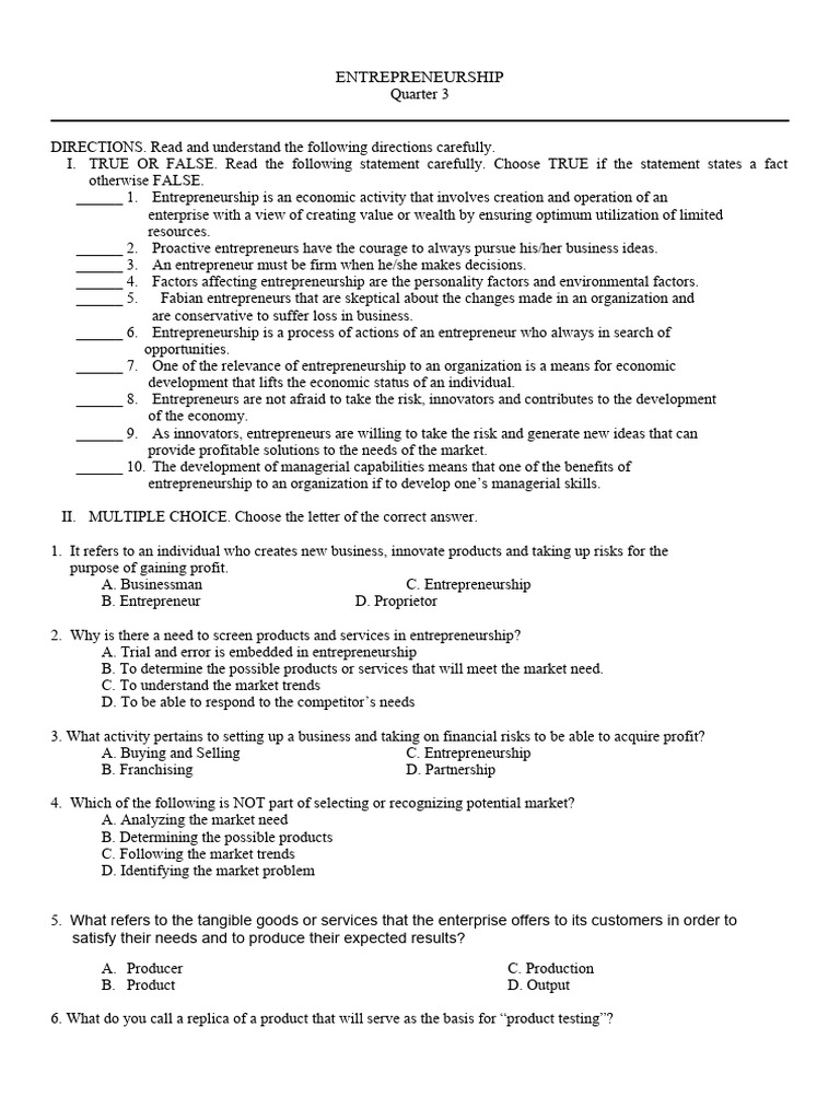 Entrepreneurship Quiz: True/False & MCQs | PDF