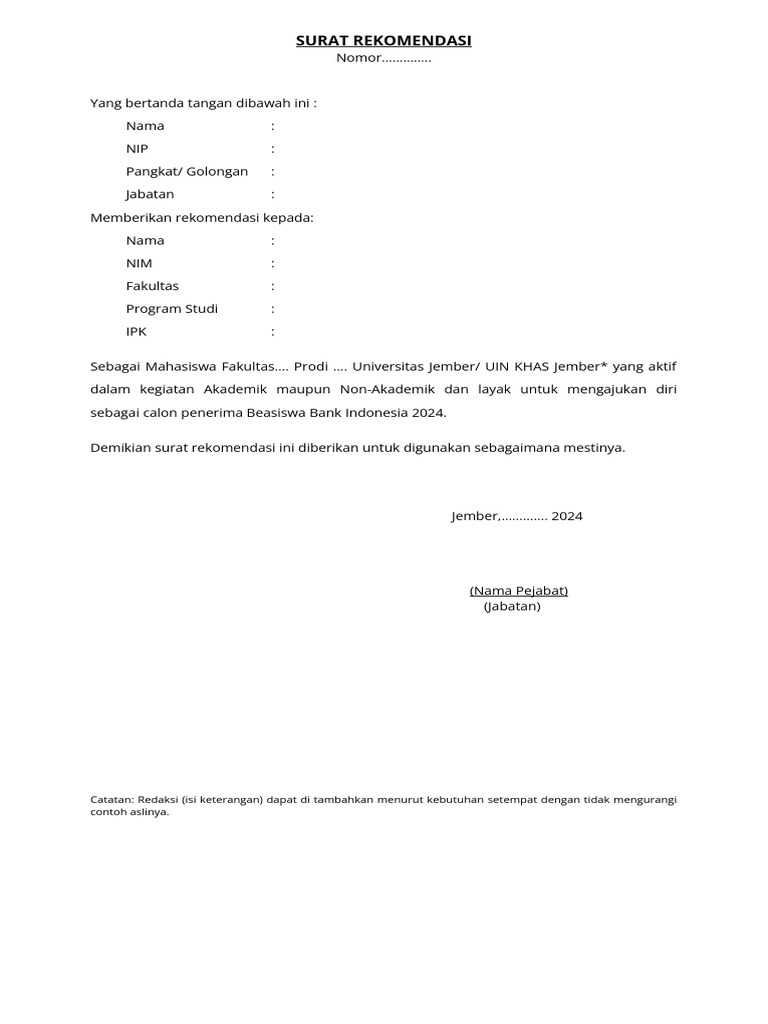 Contoh Surat Rekomendasi Beasiswa BI 2024 | PDF