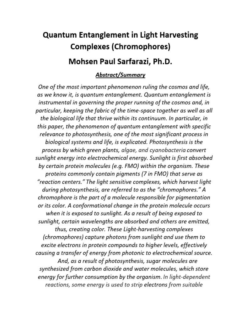 Quantum Entanglement in Light Harvesting | PDF | Photosynthesis | Chemistry