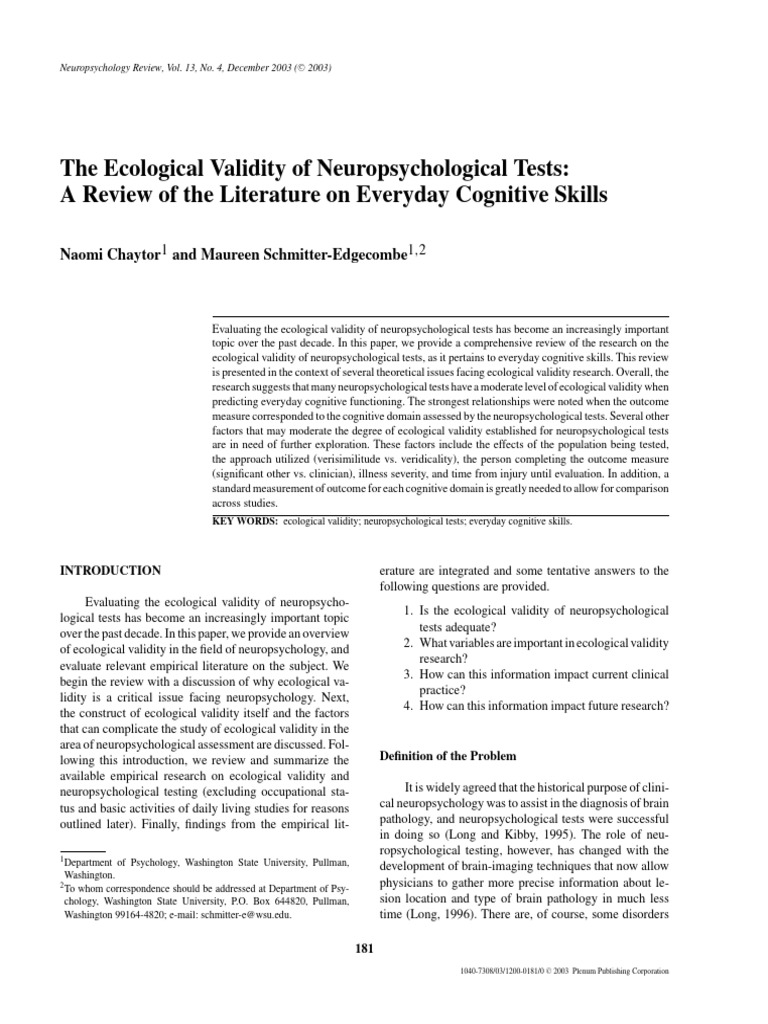 The Ecological Validity of Neuropsychological Tests: A Review of The ...