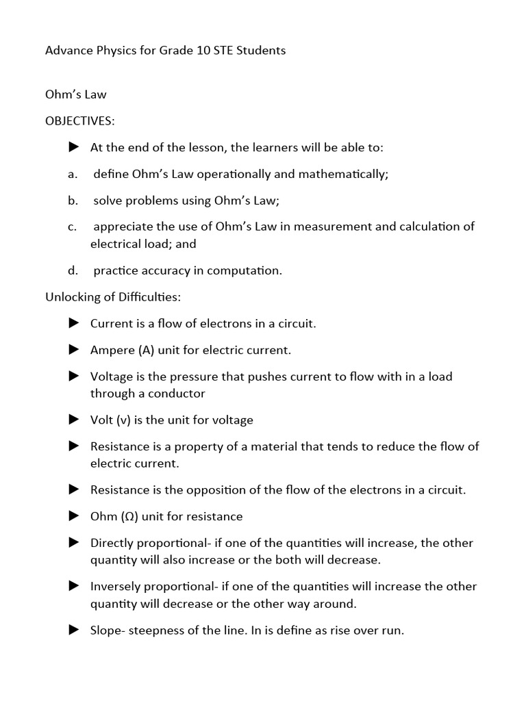 Advance Physics For Grade 10 STE Students | PDF | Electrical Resistance ...