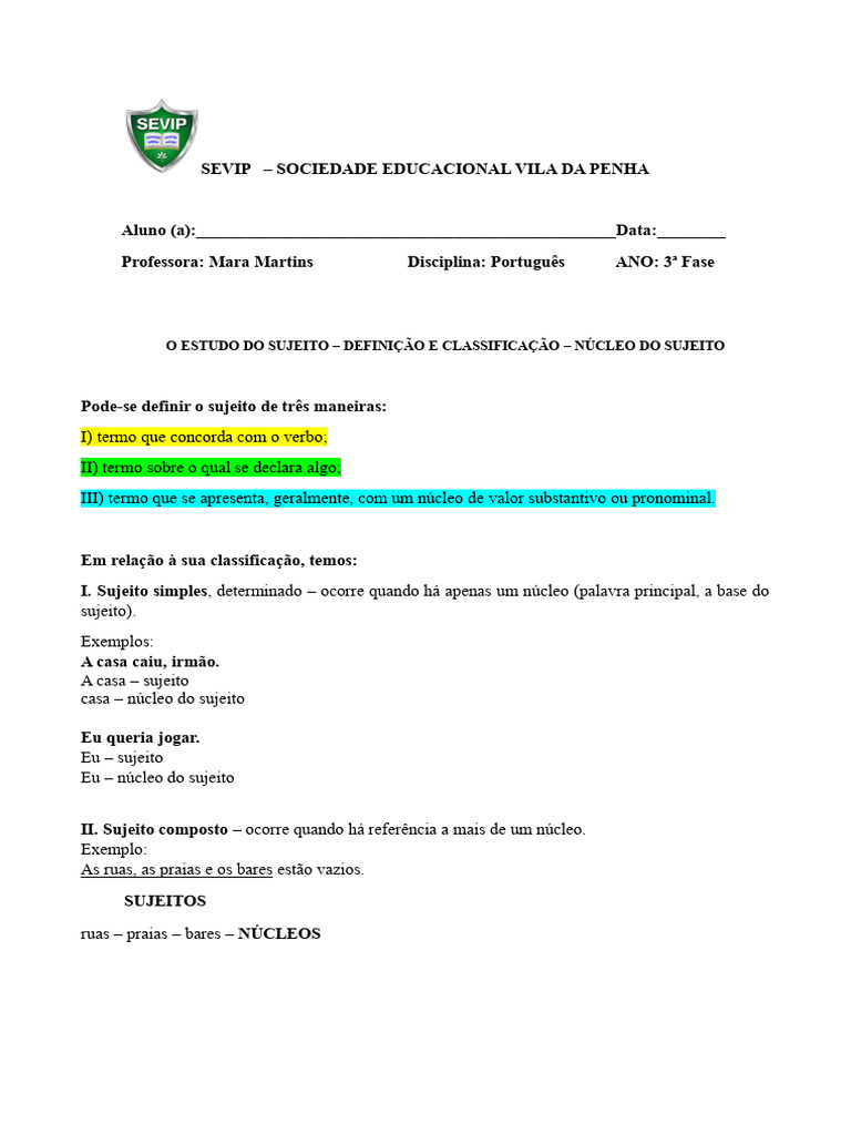 O Estudo Do Sujeito | PDF | Assunto (gramática) | Pronome