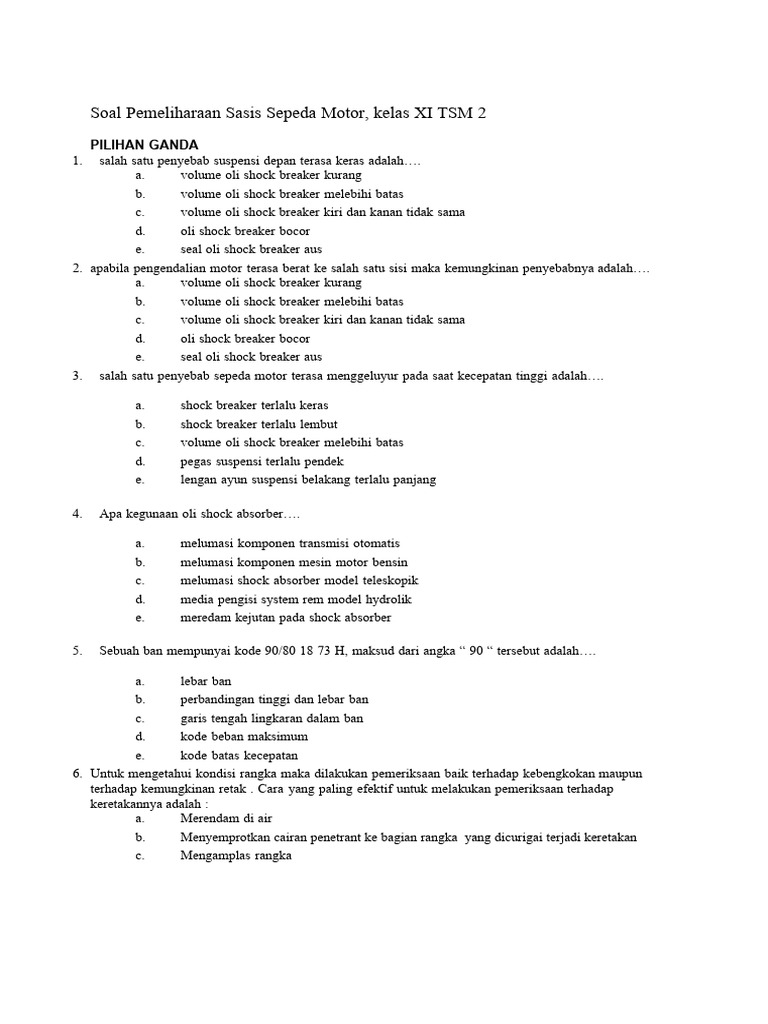 Soal Pemeliharaan Sasis Sepeda Motor Kel | PDF