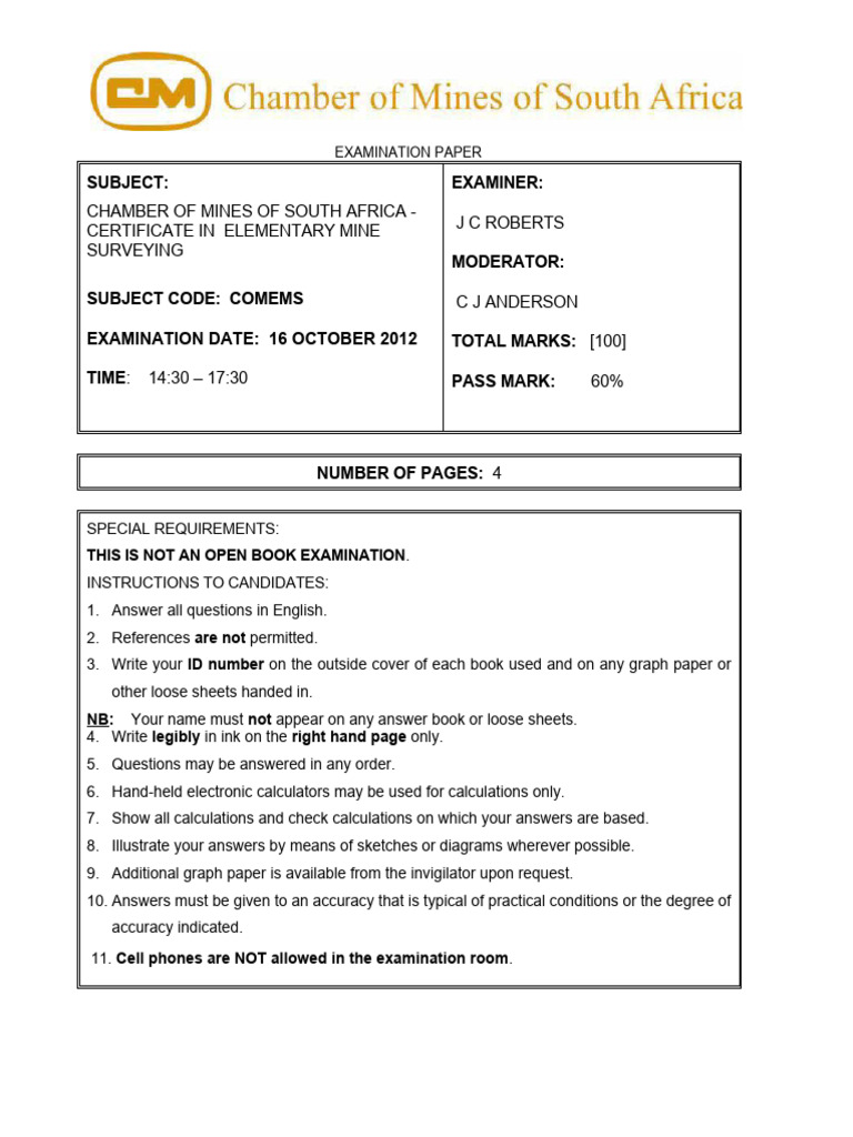 Elementary Mine Surveying Exam Paper | PDF | Technology & Engineering