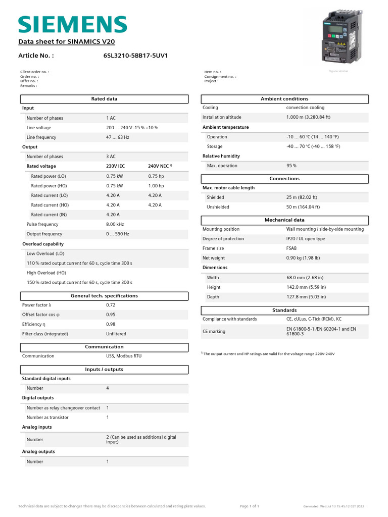 Siemens-6SL3210-5BB17-5UV1-datasheet | PDF | Mains Electricity | Alternating Current