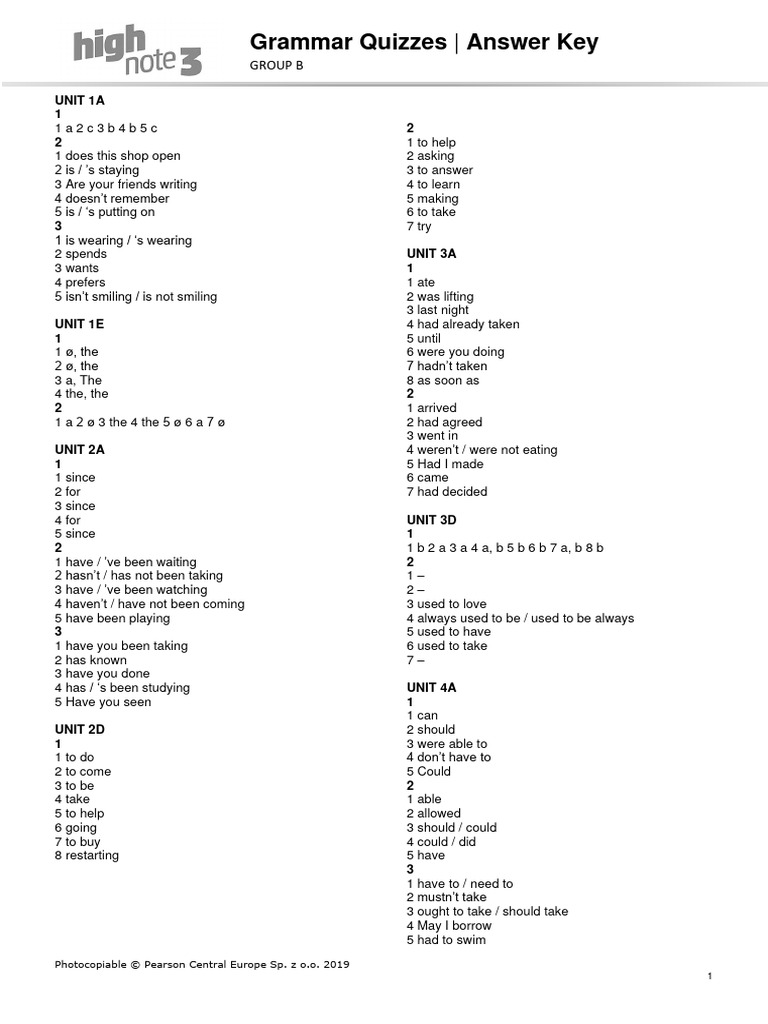 Grammar Quizzes Answer Key | PDF