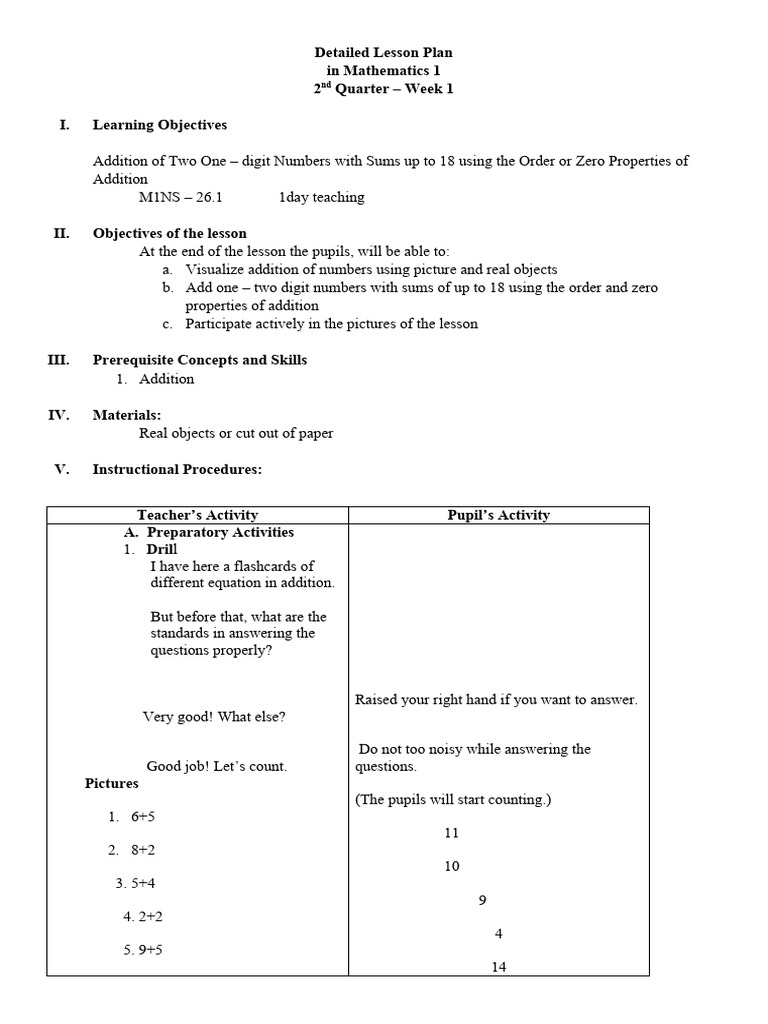 Detailed Lesson Plan in Math 1 | PDF | Lesson Plan | Learning