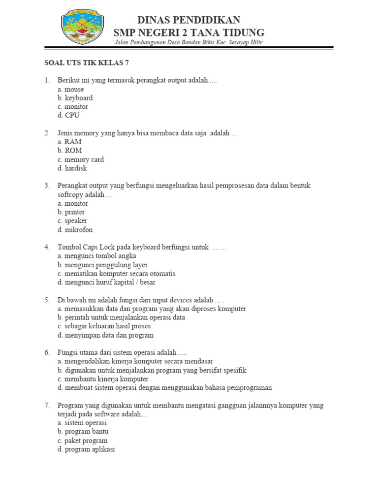 Soal UTS TIK Kelas 7 | PDF | Game & Aktivitas | Komputer