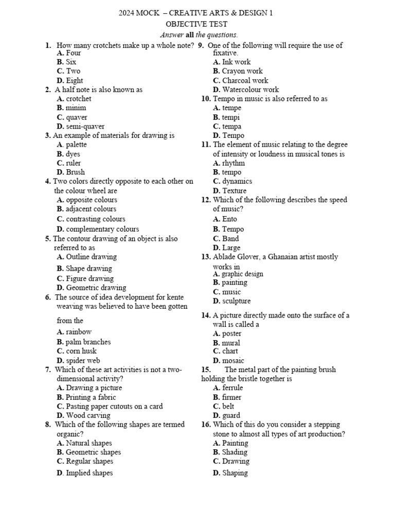 Creative Arts & Design Quiz | PDF | Drawing | Pencil