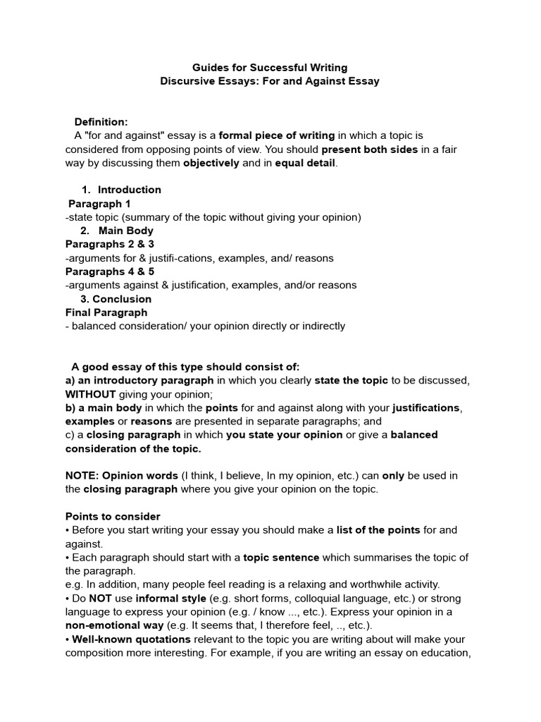 For And Against Essay PDF Essays Reason