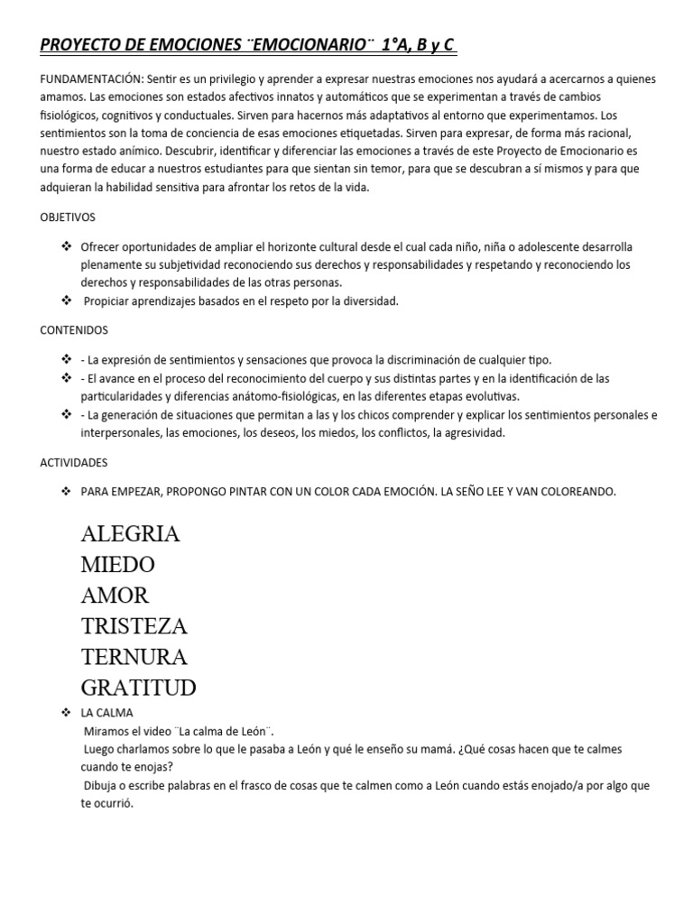 PROYECTO DE EMOCIONES 1ro | PDF | Las emociones | Amor