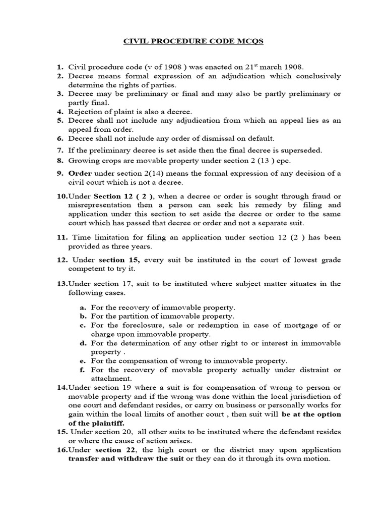 Civil Procedure Code Mcqs | PDF | Lawsuit | Judgment (Law)