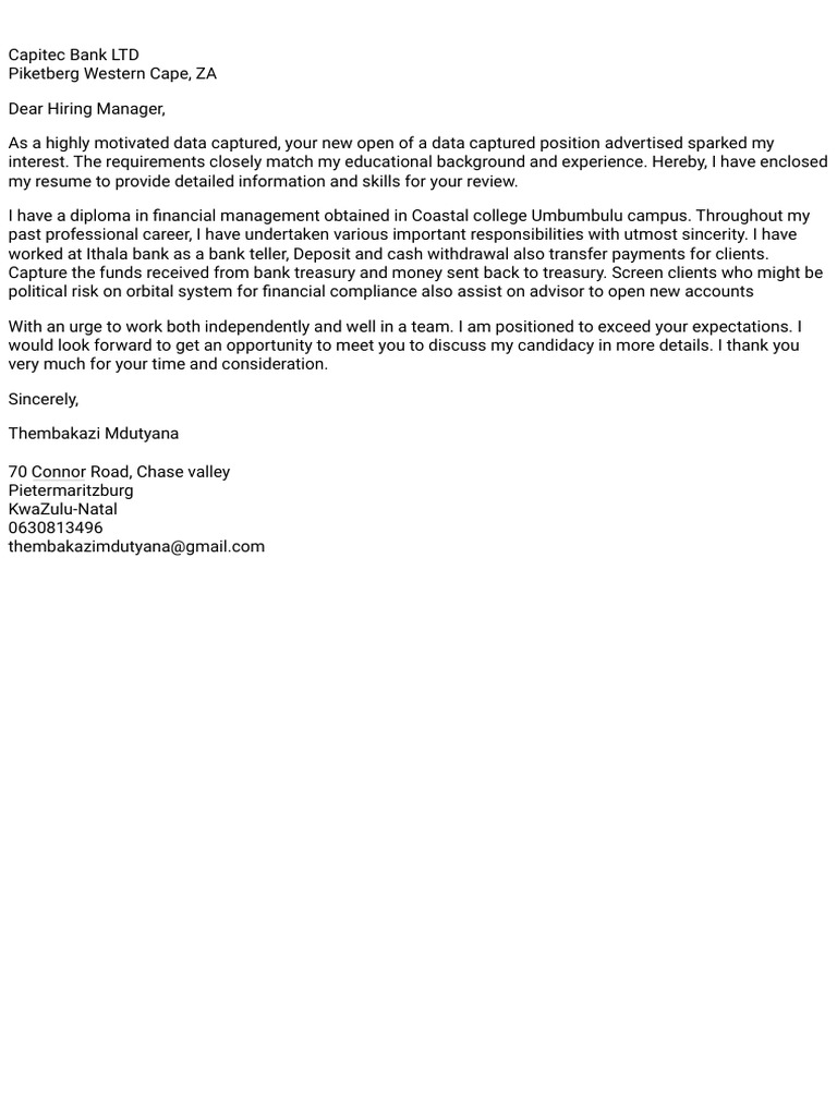 Cover Letter for Capitec Bank Position | PDF