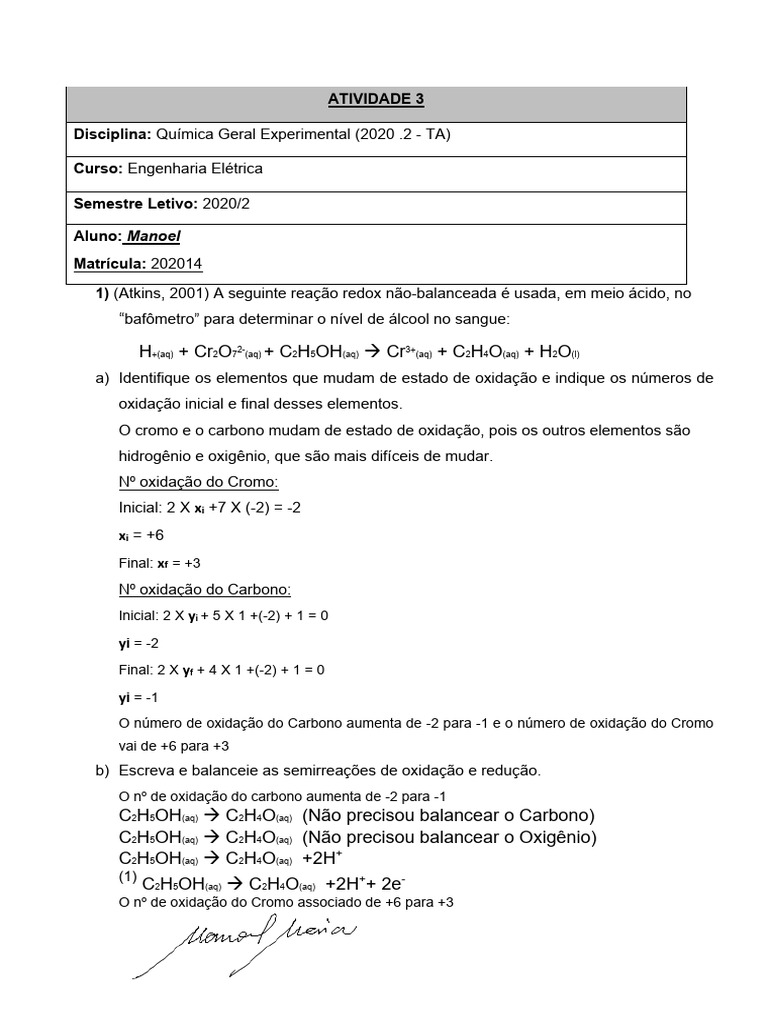 Atividade Quimica 3 | PDF | Redox | Química