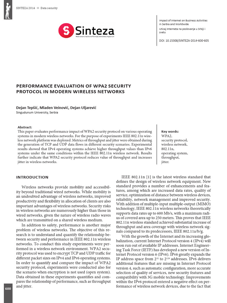 Performance Evaluation of WPA2 Security | PDF | Computer Network | I Pv6