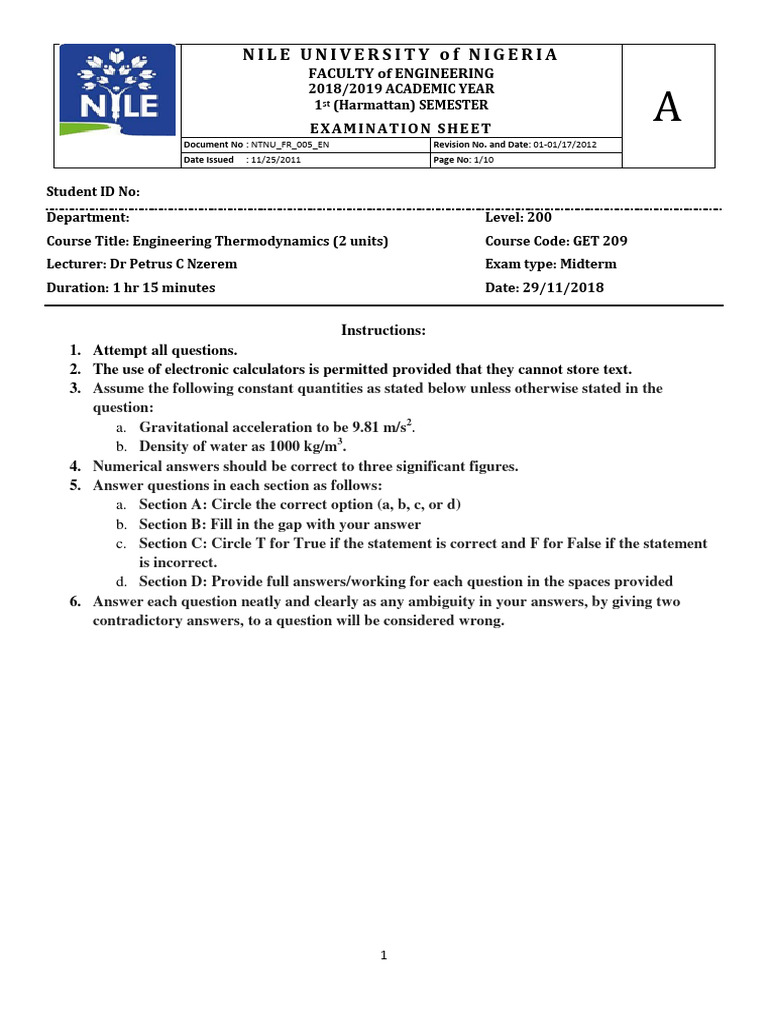 2018-2019 Engineering Thermodynamics Midterm (Type A) | PDF