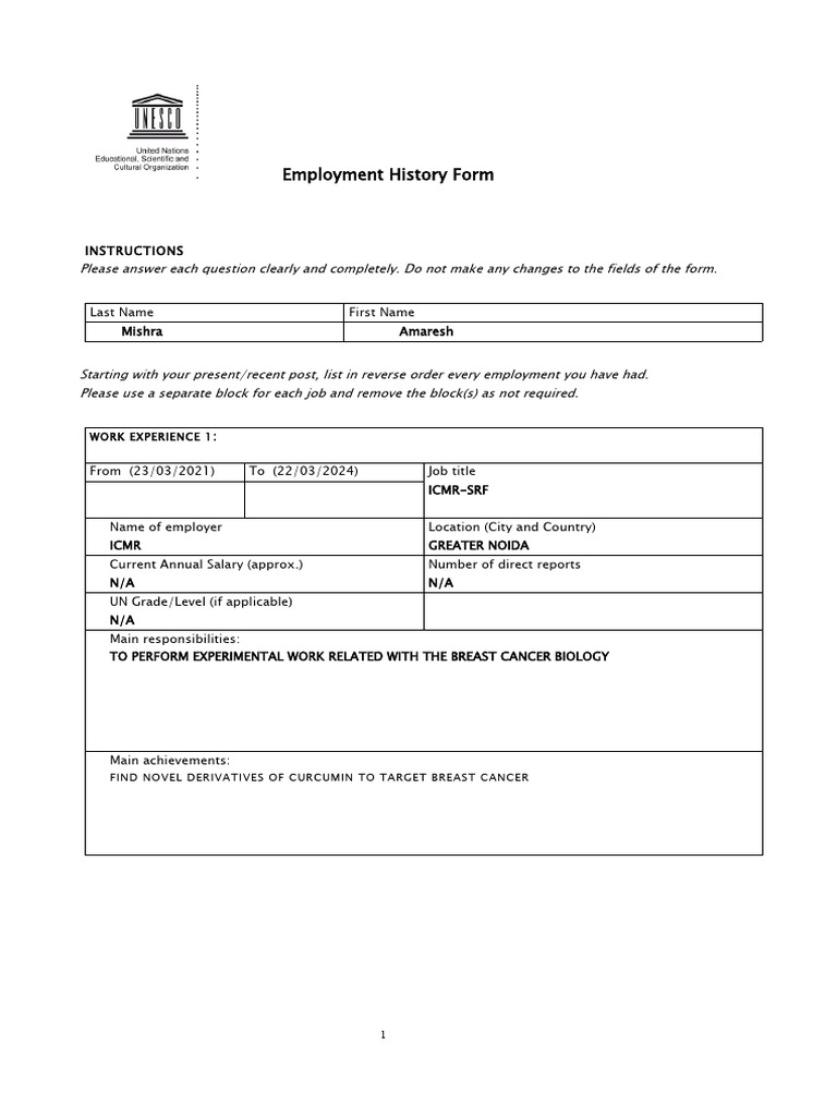 UNESCOEmploymentHistoryForm Updated Template Final | PDF