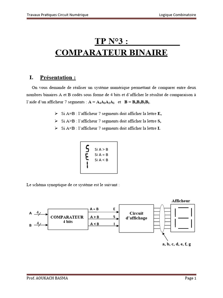 TP N°3: Comparateur Binaire: I. Présentation | PDF