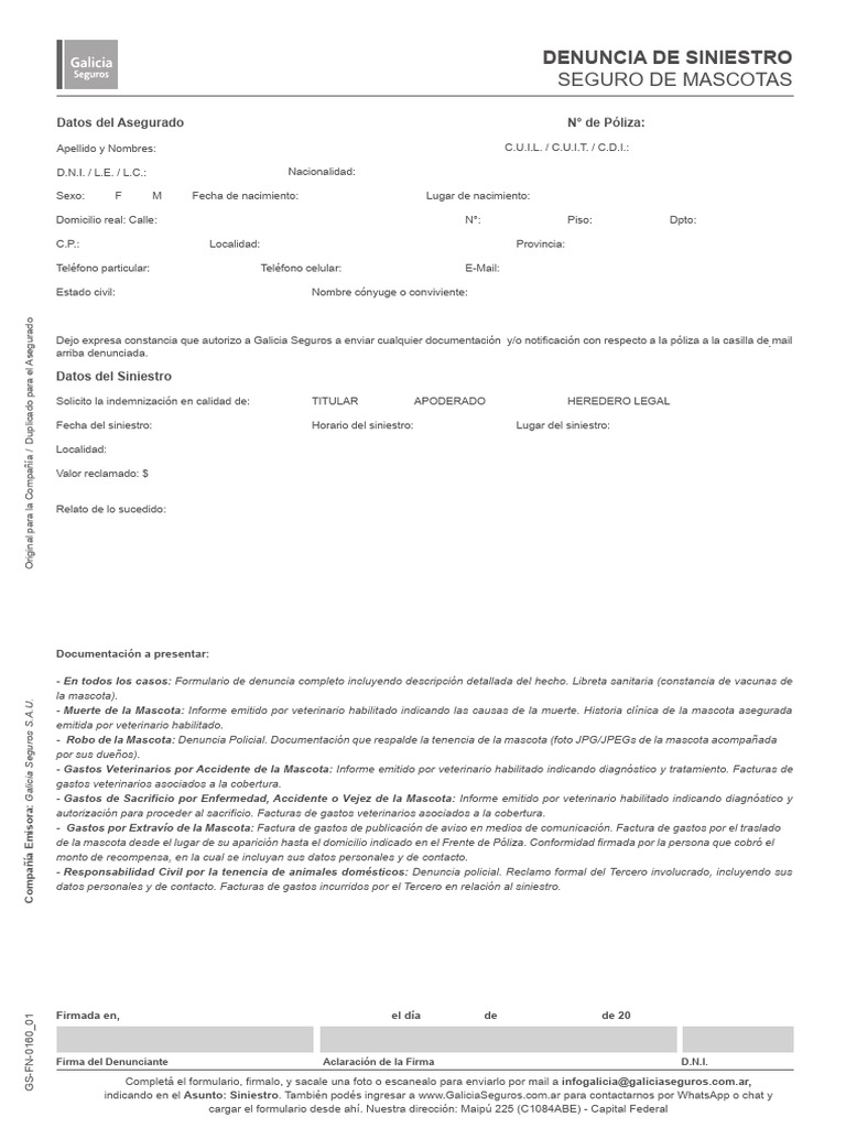 Formulario Denuncia Siniestro Seguro Mascotas Individual | PDF | Póliza de seguros | Leyes de ...