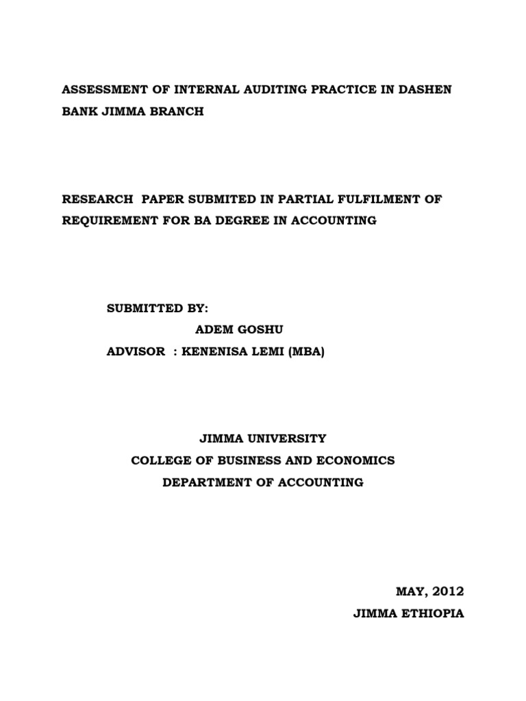 Assessment of Internal Auditing Practice in Dashen Bank Jimma Branch ...