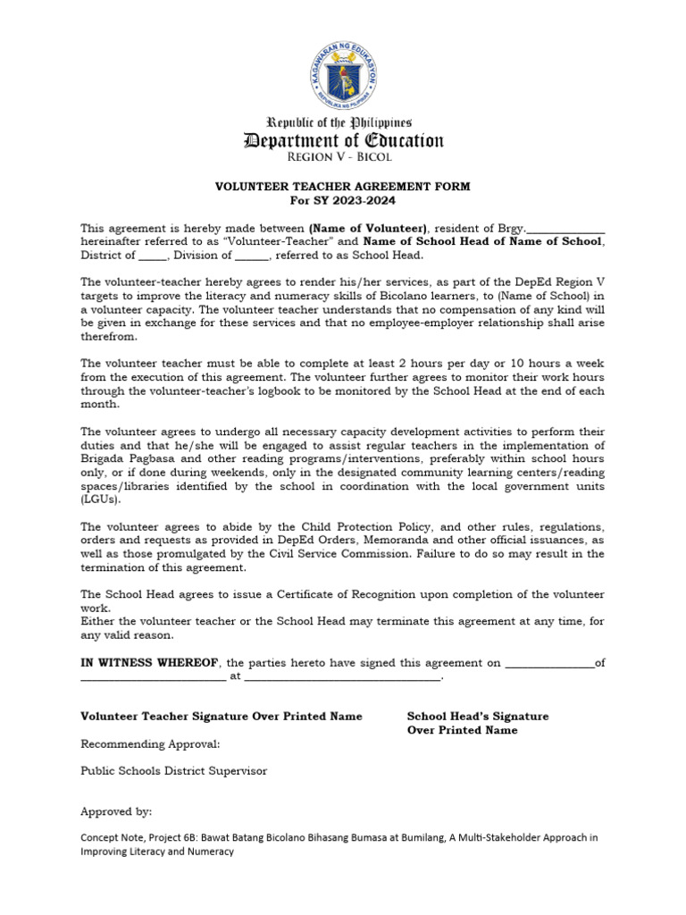 DepEd R5 - VOLUNTEER TEACHER AGREEMENT FORM | PDF | Teachers | Literacy