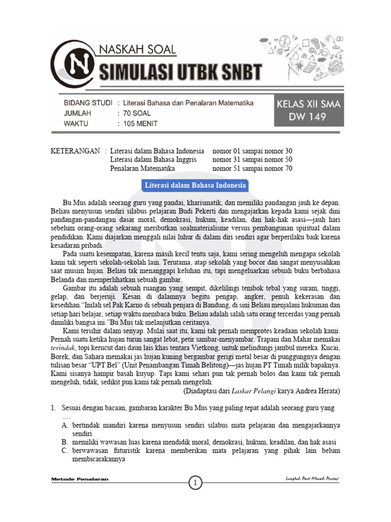 Simulasi UTBK SNBT Literasi Bahasa dan Penalaran | PDF