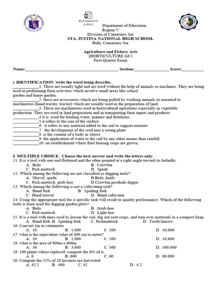 tle 8 exam horti | PDF