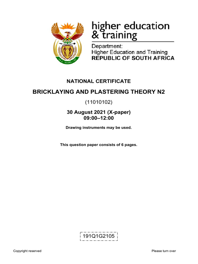 Bricklaying and Plastering Theory n2 Question Paper August 2021 ...