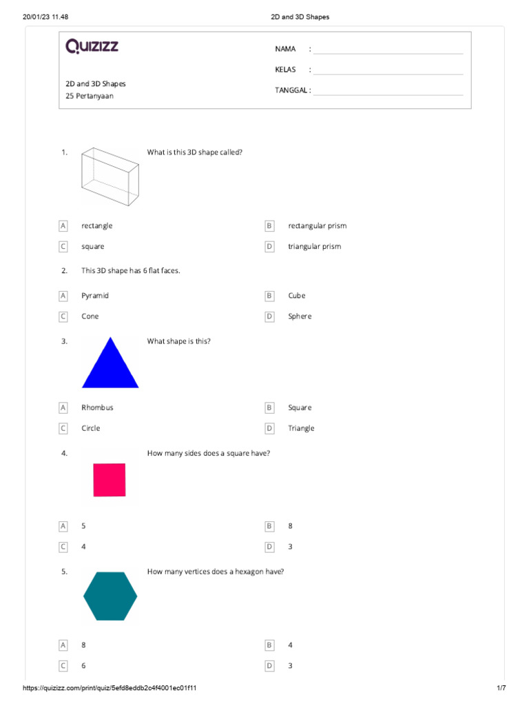2D and 3D Shape Quiz | PDF | Shape | Rectangle