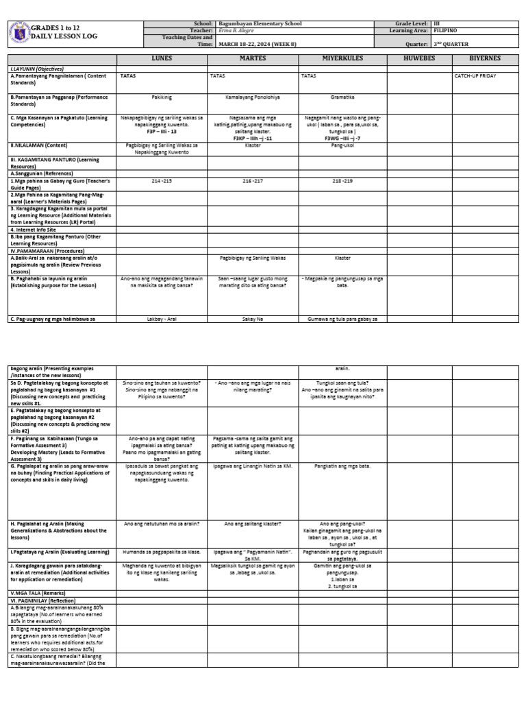 DLL - Filipino 3 - Q3 - W8 | PDF