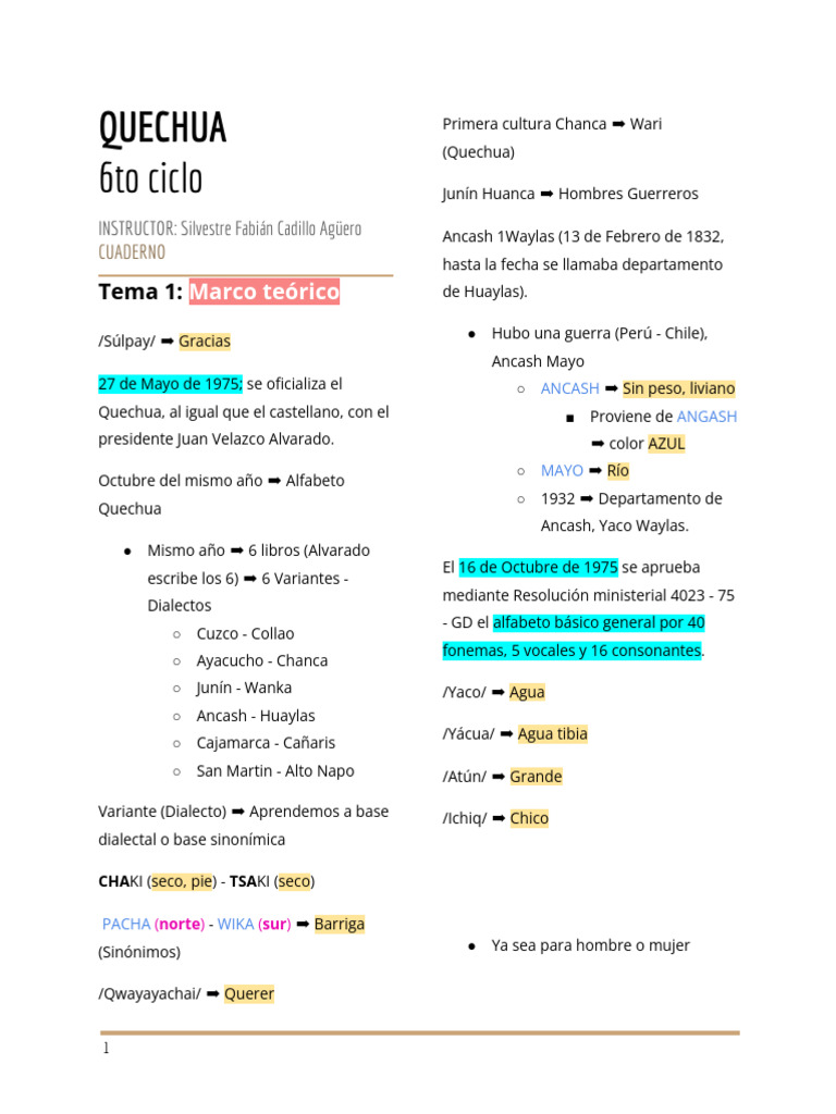 Quechua 1 | PDF | Perú