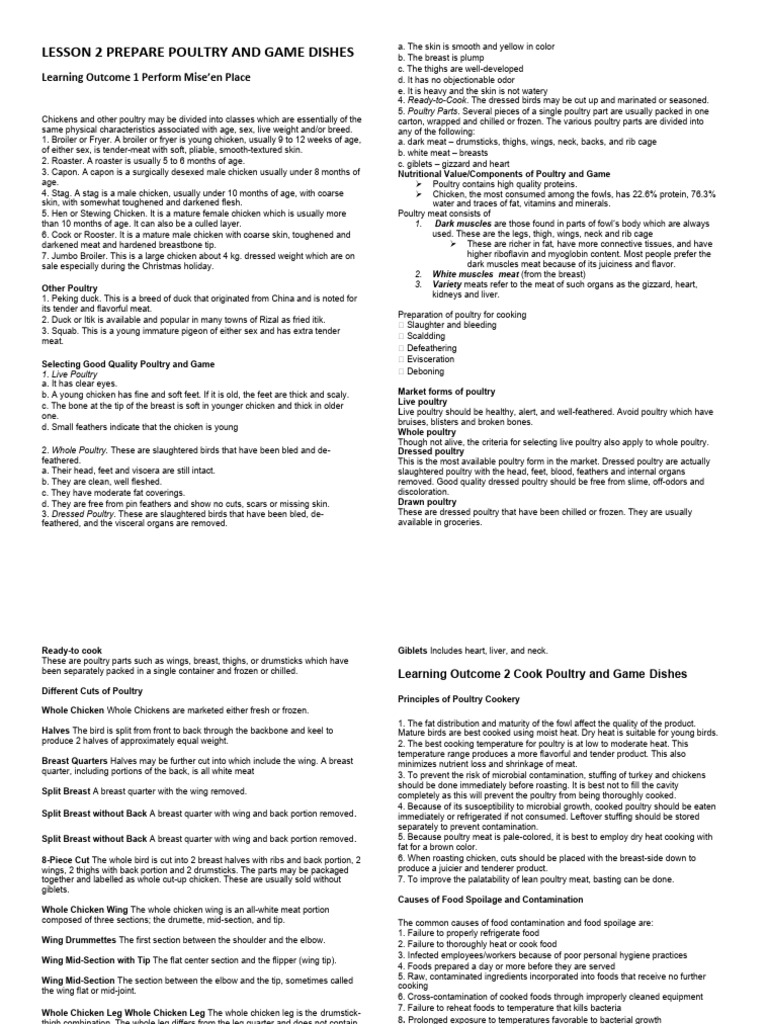 Lesson 2 Prepare Poultry and Game Dishes Revised 2024 | PDF | Poultry ...