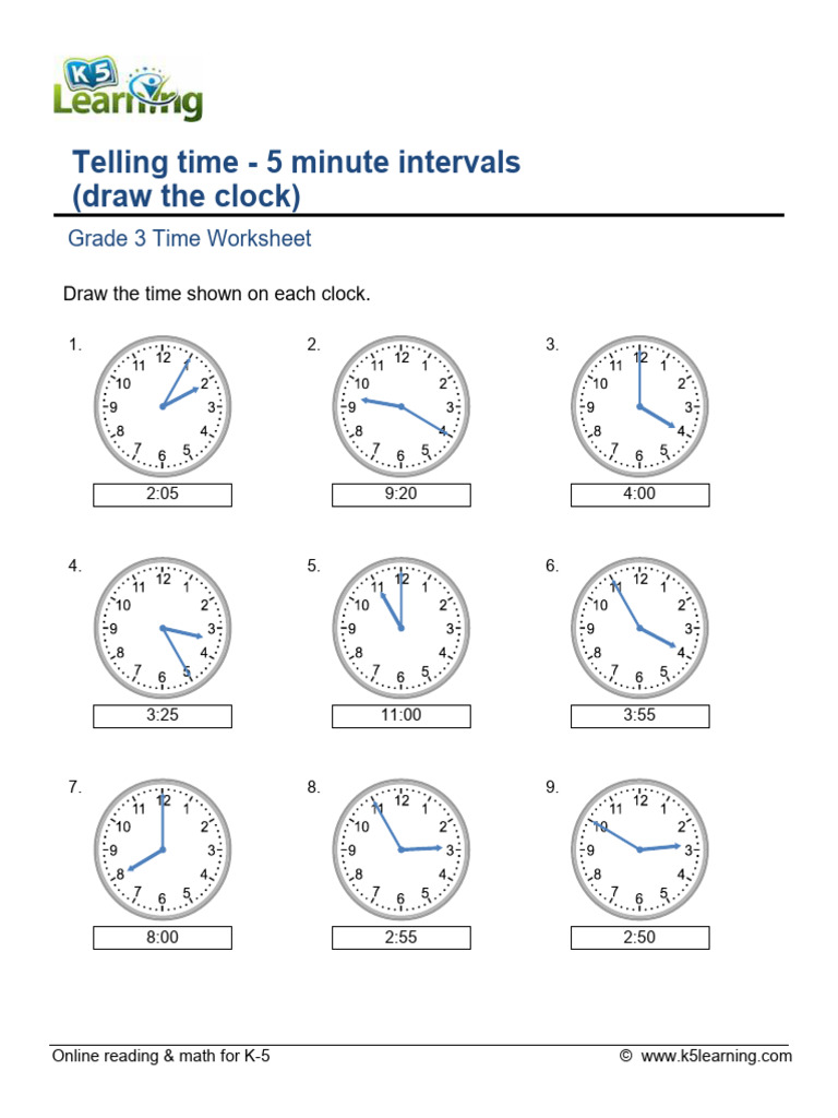 Grade 3 Telling Time 5 Minutes Draw Clock A 2 | PDF