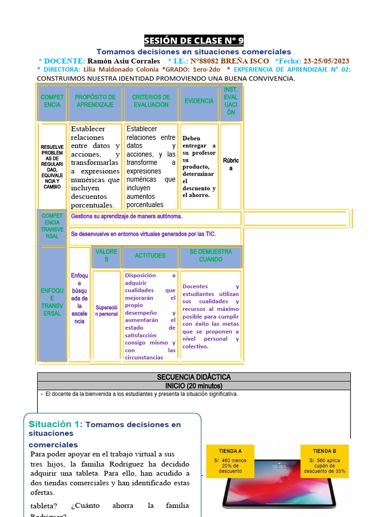 Sesión de Clase #09 Primero-Segundo Ahorro y Descuentos | PDF | Evaluación | Aprendizaje