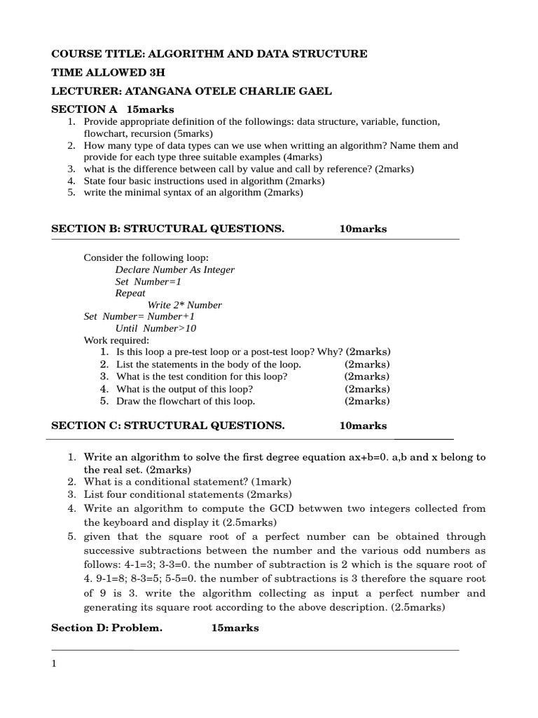 Algorithm Question Paper Ca Insam Pdf Algorithms Control Flow