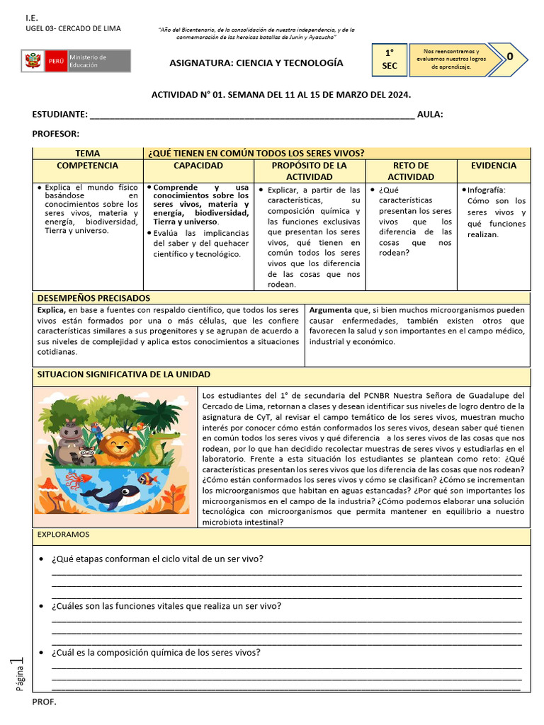 (PDF) 1°sec - UNIDAD 0 - ACTIVIDAD 1 (CyT Explica 2024) - Qué Tienen en Común Todos Los Seres ...