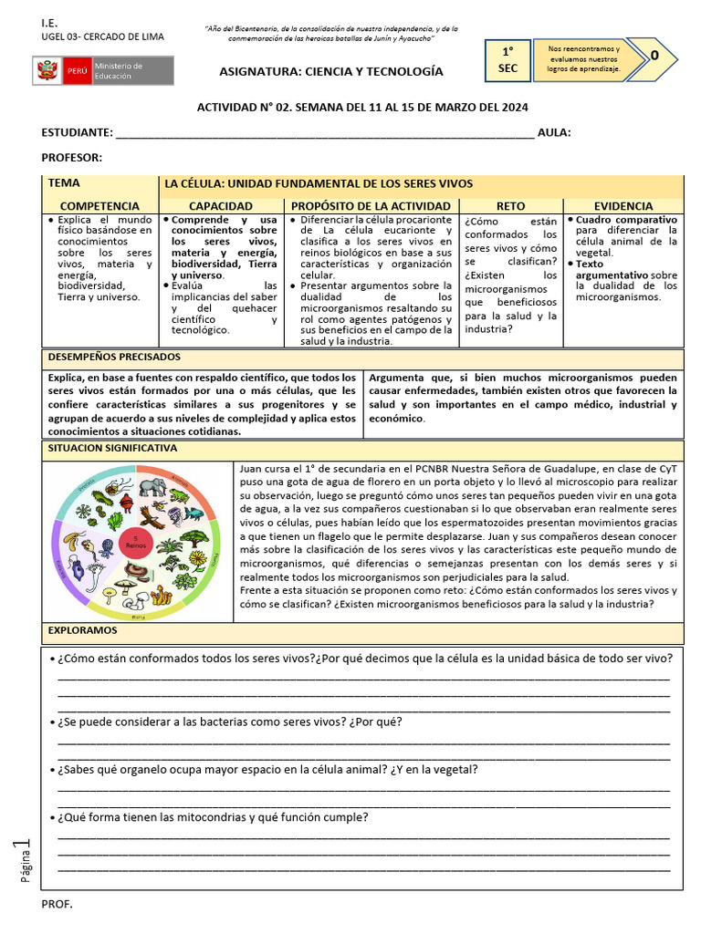 (PDF) 1°sec - UNIDAD 0 - ACTIVIDAD 2 (CyT Explica 2024) - La Célula Unidad Fundamental | PDF ...