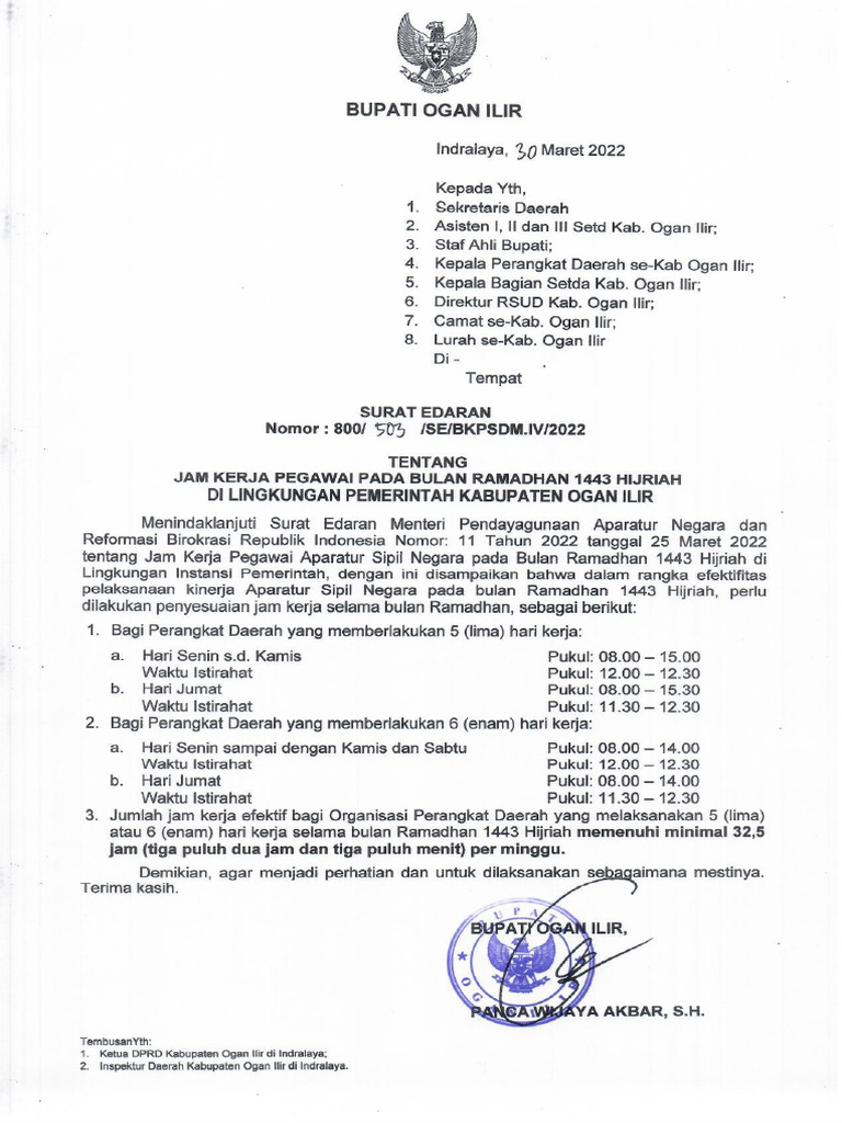 SE Jam Kerja Pegawai Pada Bulan Ramadhan Tahun 2022 | PDF